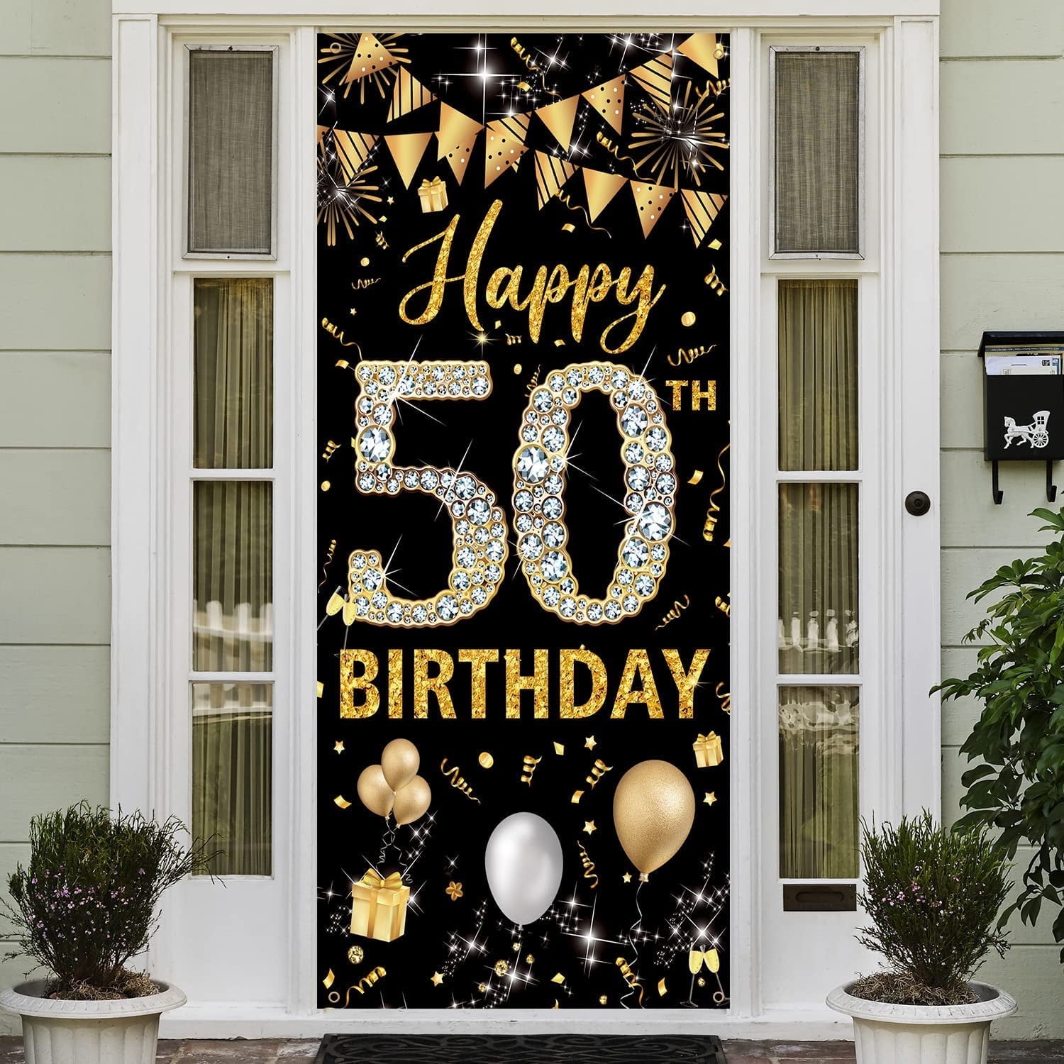 50th Birthday Decorations Door Banner, Black Gold Happy 50th Birthday ...