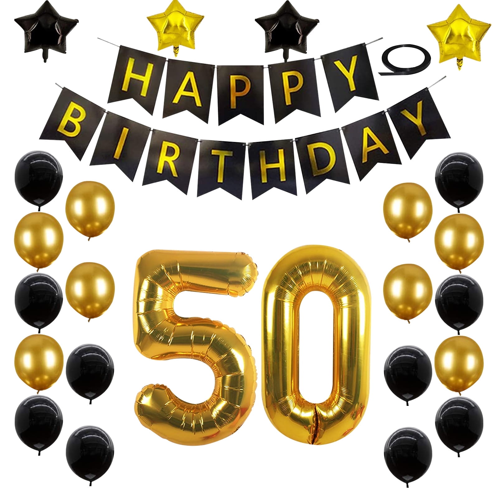 50th Birthday Decorations Kit, Large Number 50 Balloons, Black and Gold ...