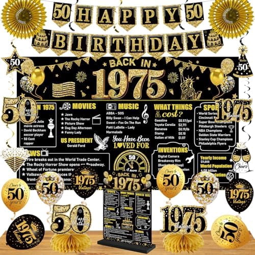 50th Birthday Decorations Kit for Men Women, Black Gold 24PCS Back in ...