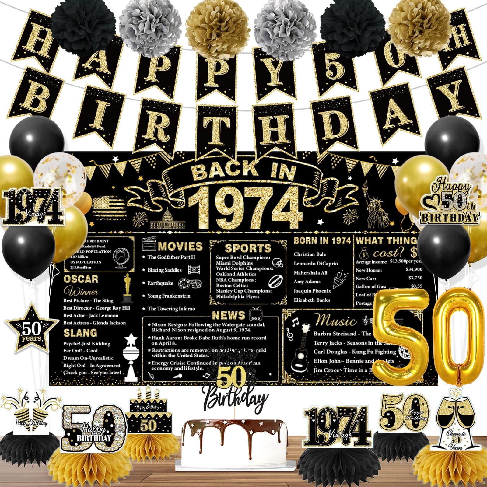 50th Birthday Decorations for Men, Black Gold Back In 1974 Birthday ...