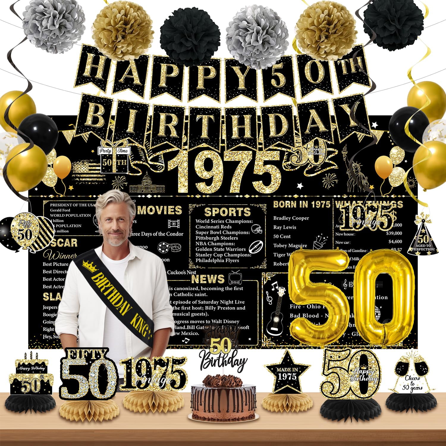 50th Birthday Decorations Men, DHF10 Black Gold Back In 1975 Birthday ...