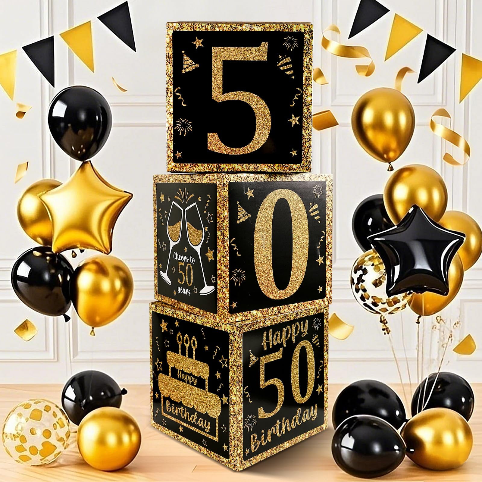 50th Birthday Decorations for Men Women,3PCS Black KMC2and Gold Happy ...