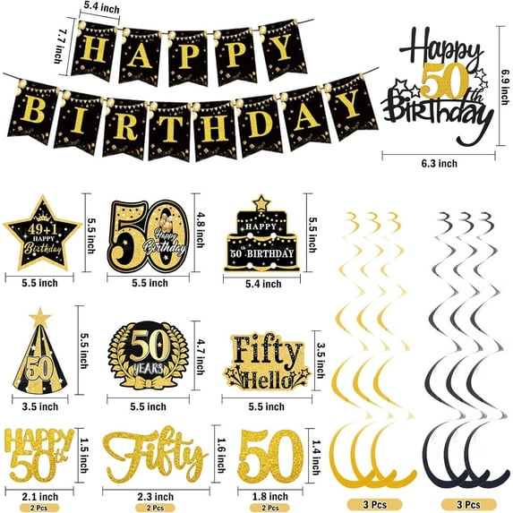 50th Birthday Decorations for Men Women, 46 Pcs Black Gold Happy 50 ...