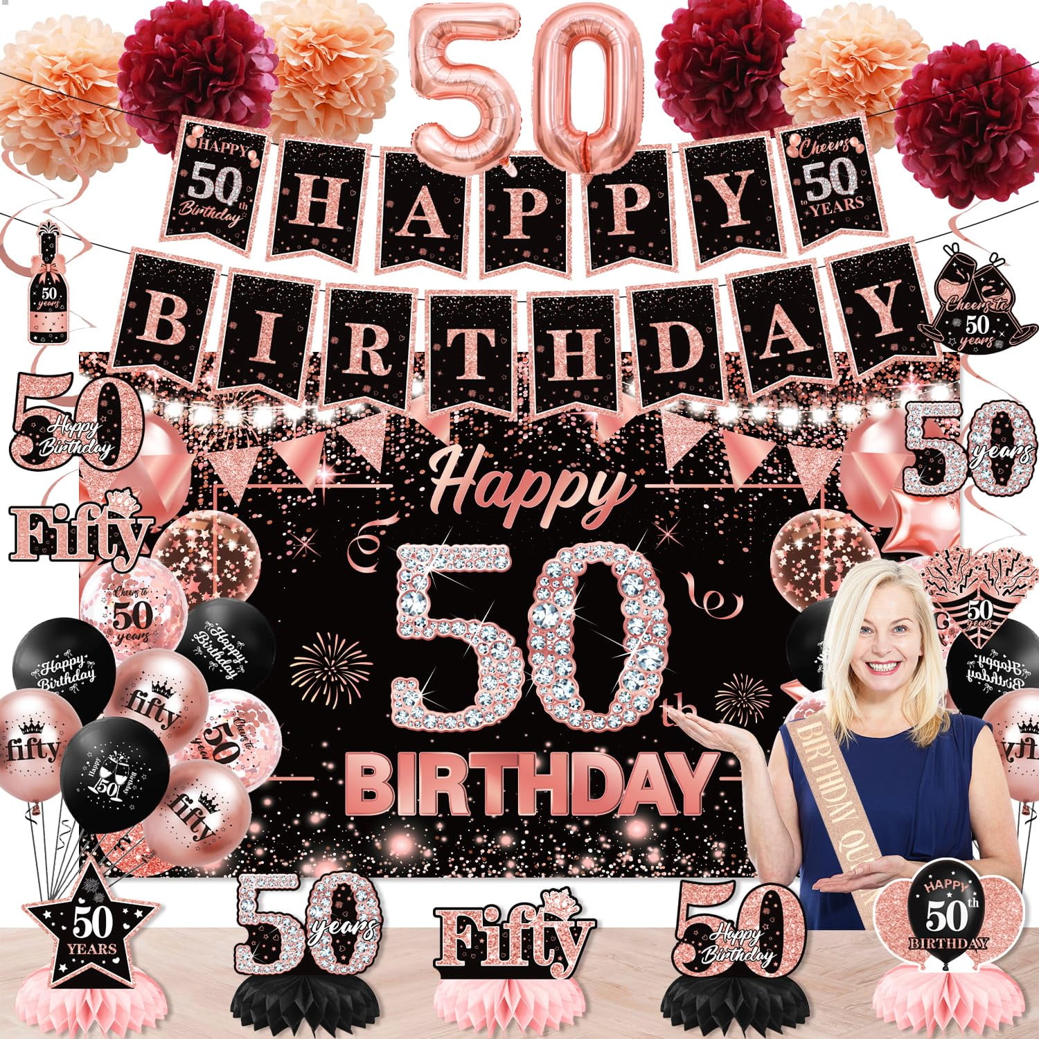 50th Birthday Decorations for RRF12 Women, 39 Pieces Rose Gold Birthday ...