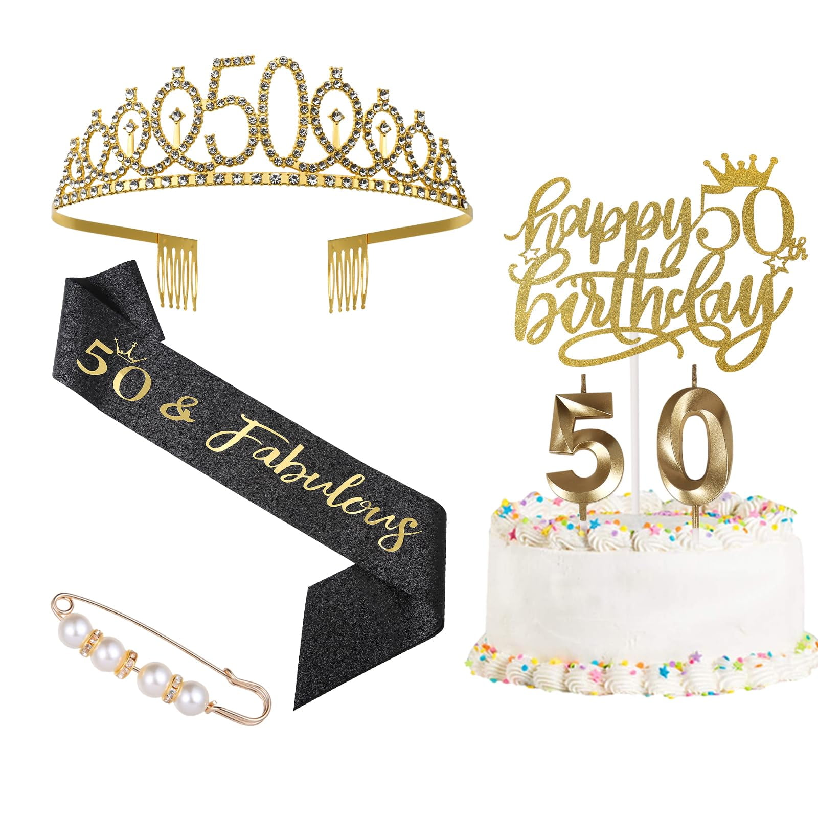 50th Birthday Decorations for Women，Gold 50 Birthday Crown Tiara ，Cake ...