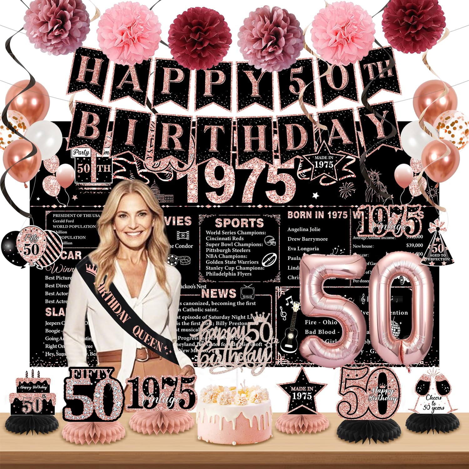 50th Birthday Decorations for Women, Rose Gold MHD1Back In 1975 ...