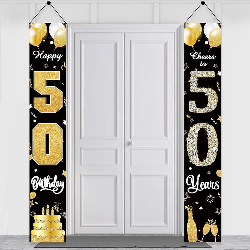 50th Birthday Door Banner Decorations for Men Women, Black Gold Happy ...
