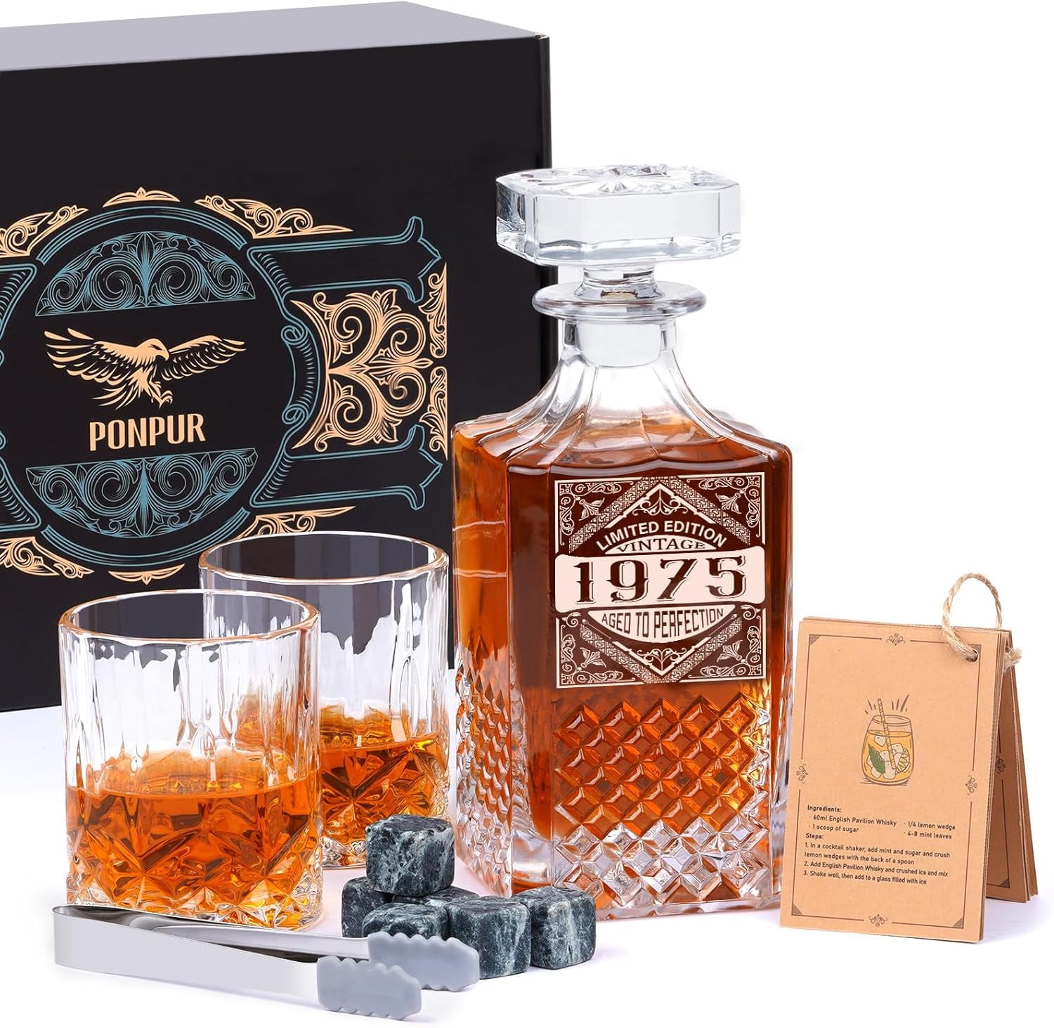 50th Birthday Gifts For Men Dad, 1975 Laser Whiskey Decanter Set with ...