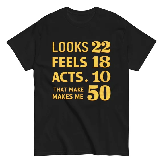 50th Birthday Looks 22 Feels 18 Acts 10 Funny Milestone Unisex T-Shirt ...
