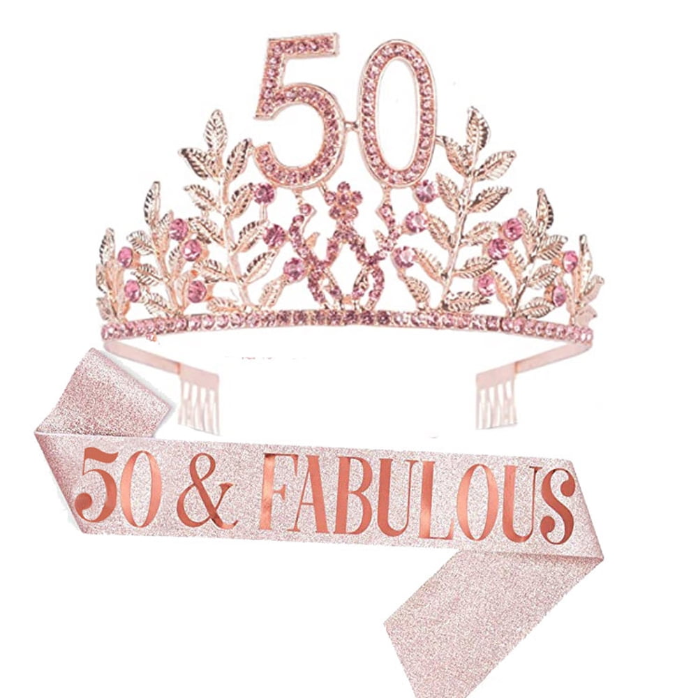 50th Birthday Sash and Crown hair band for Women, Birthday Crown for ...