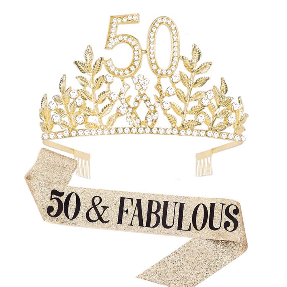 50th Birthday Sash and Crown hair band for Women, Birthday Crown for ...