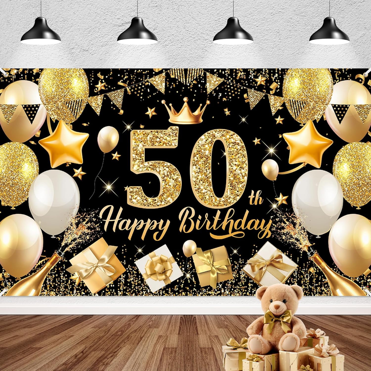 50th Black Gold Happy Birthday Banner Backdrops Decoration, 50th ...