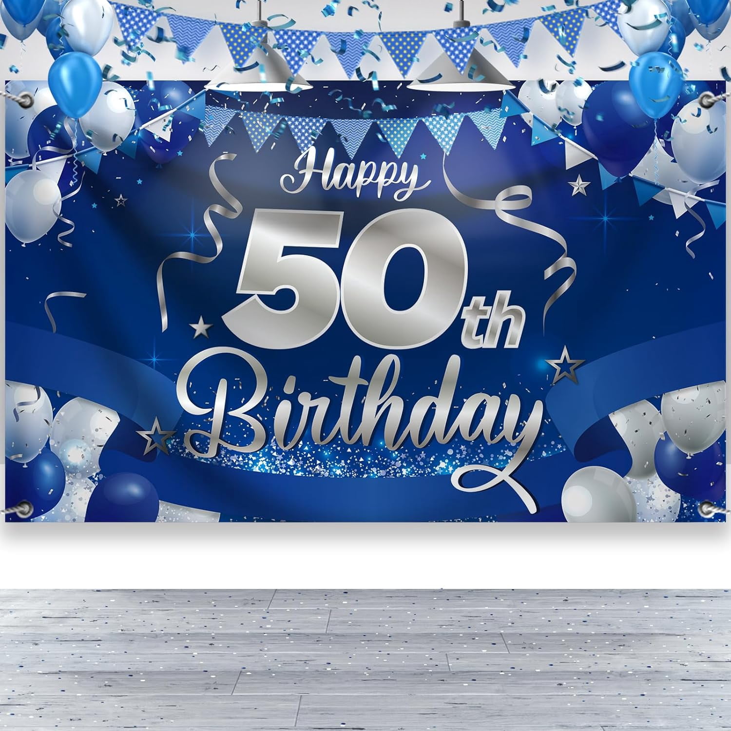 50th Happy Birthday Backdrop Blue Silver Happy Birthday Banner Party ...
