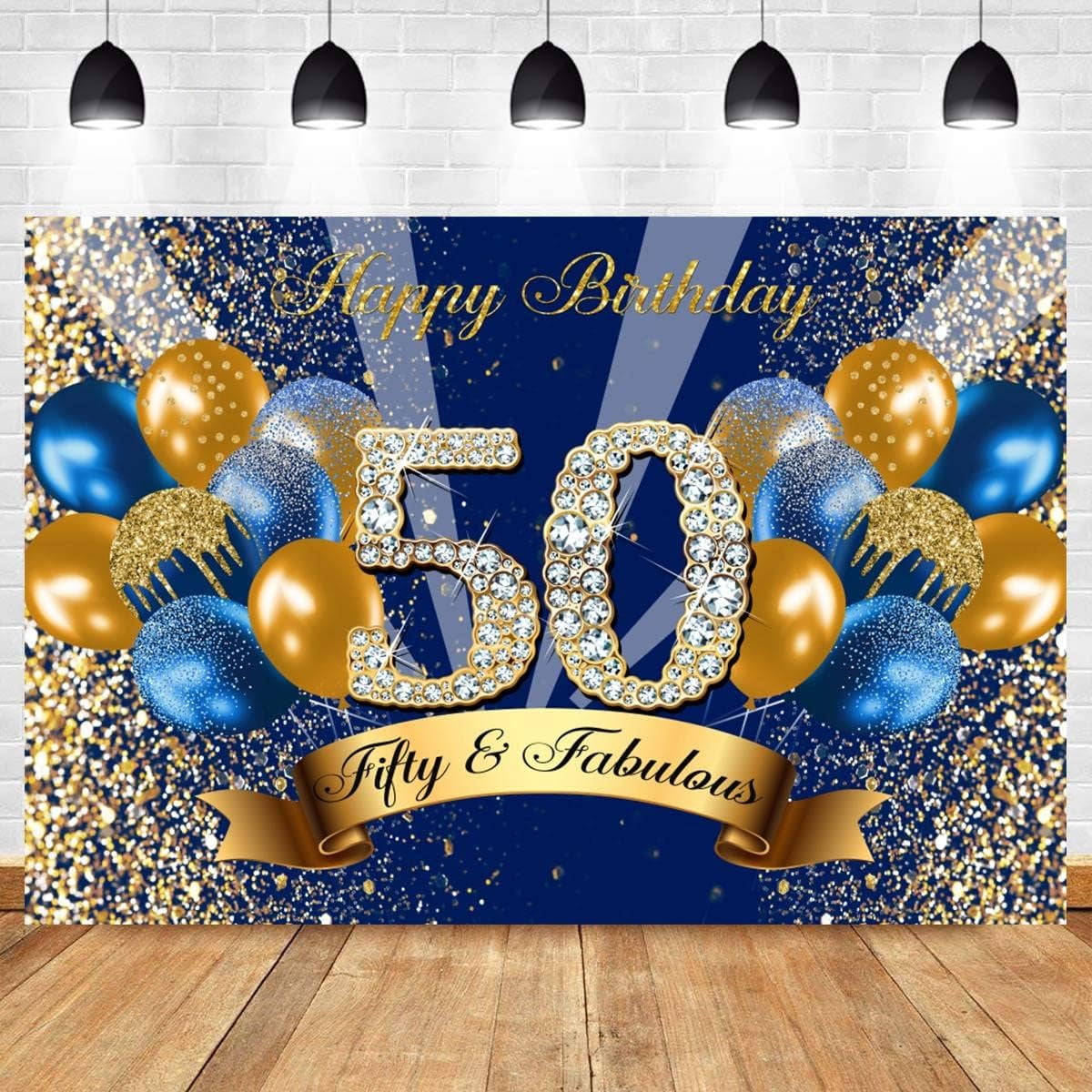 50th Happy Birthday Backdrop Glitter Sequins Royal Blue Gold Balloons ...