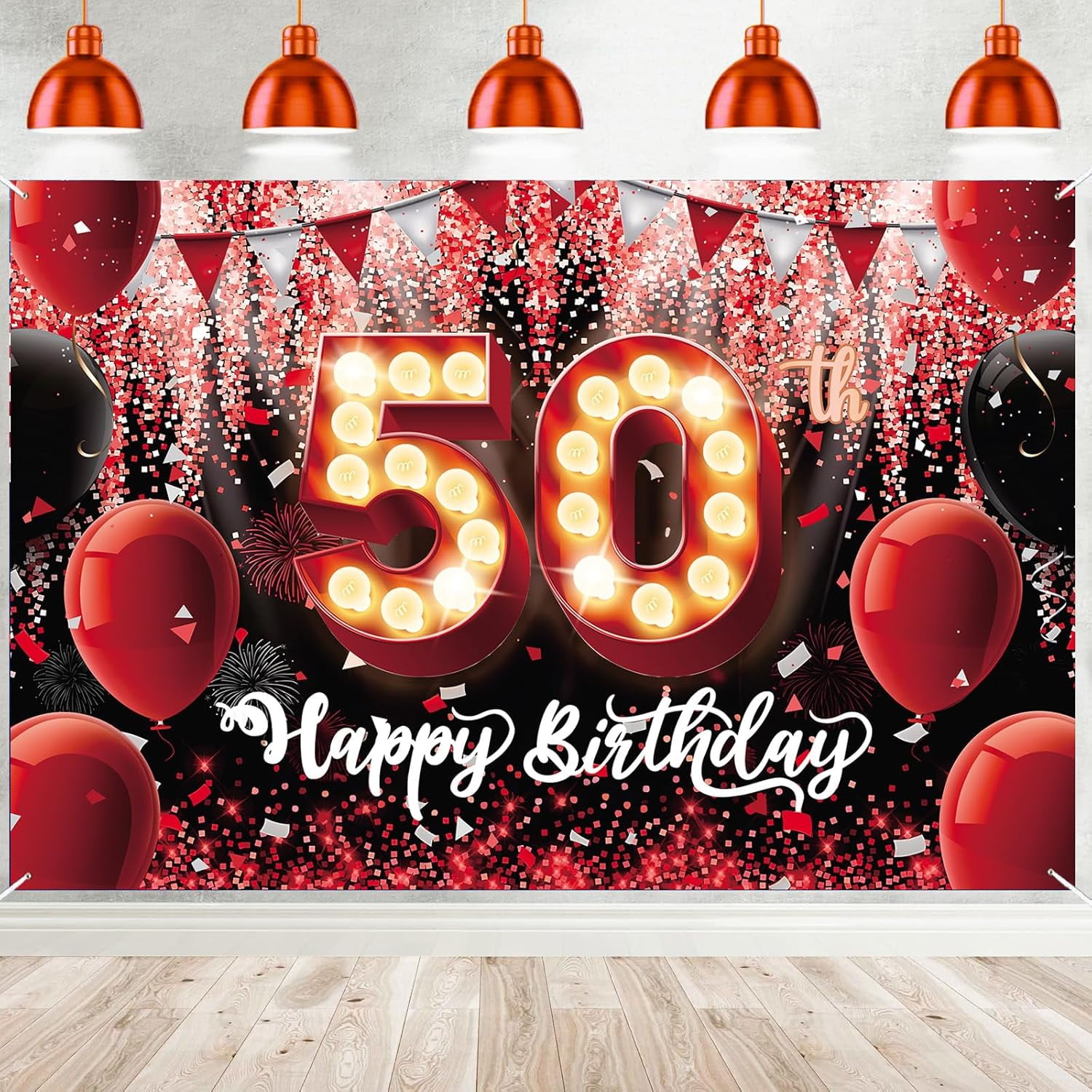 50th Happy Birthday Banner Red Sequin Balloon Banner Backdrop for Man ...