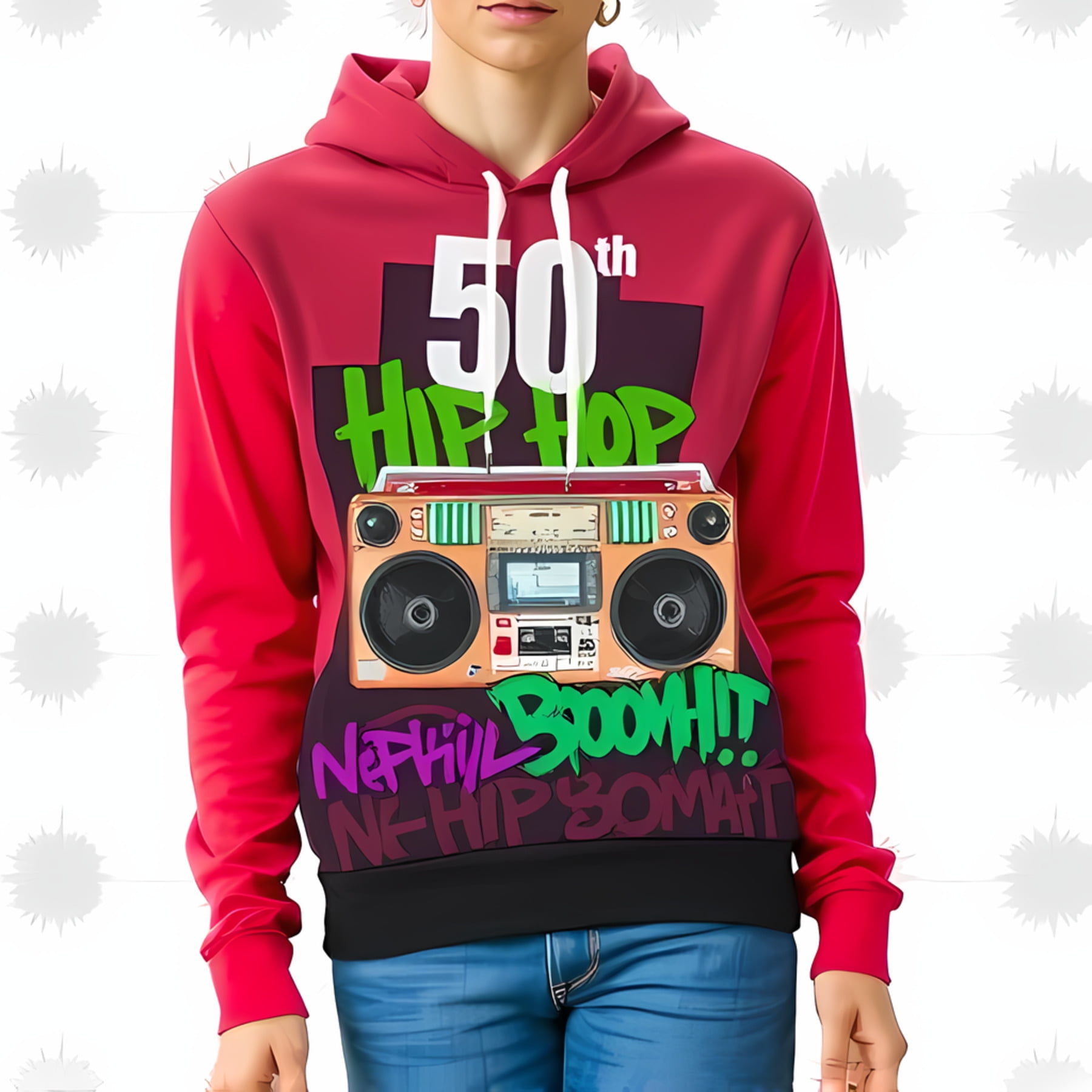 50th Hip-Hop 3D Hoodie - Retro Boombox Design Bold Red & Black Graffiti Style Celebrate 50 Years ...