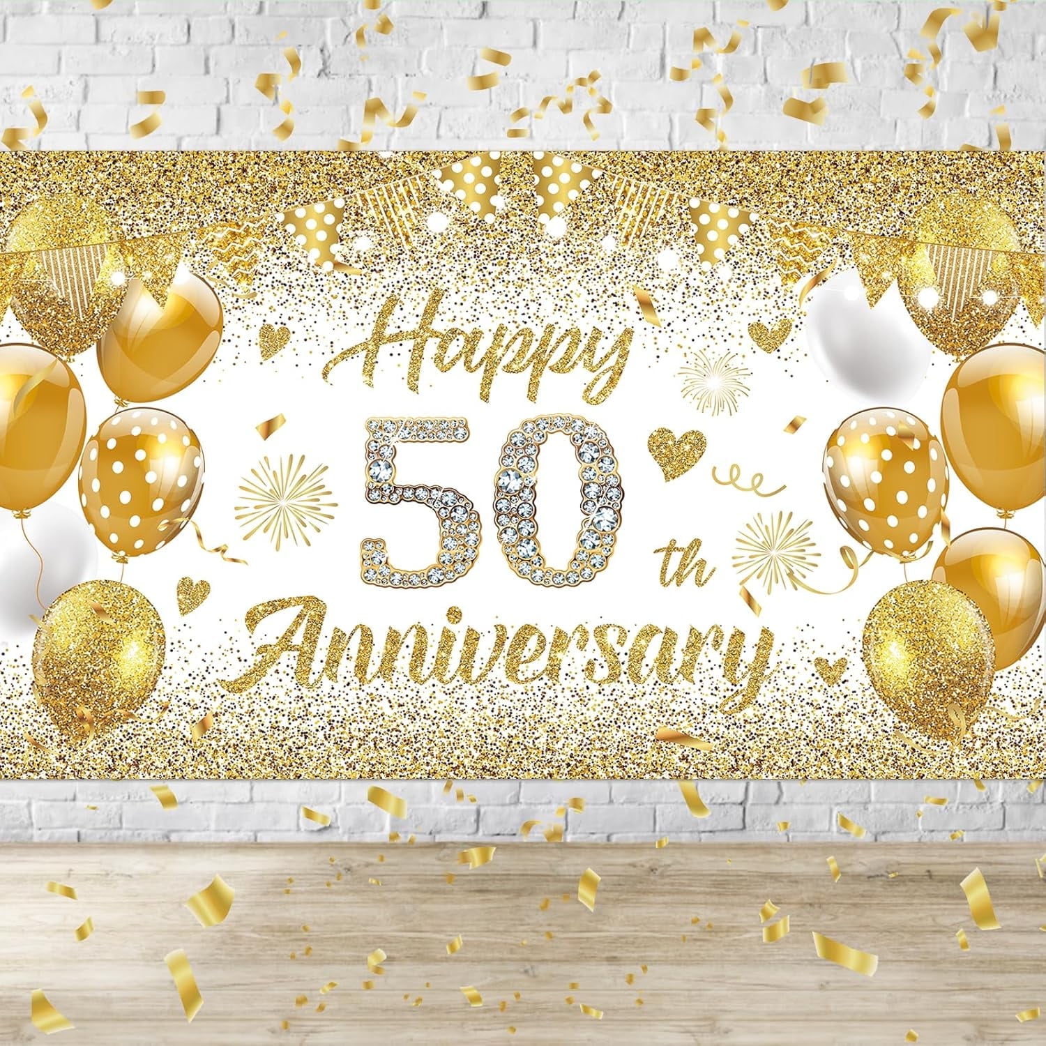 50th Wedding Anniversary Banner Decorations, White Gold Happy 50 ...