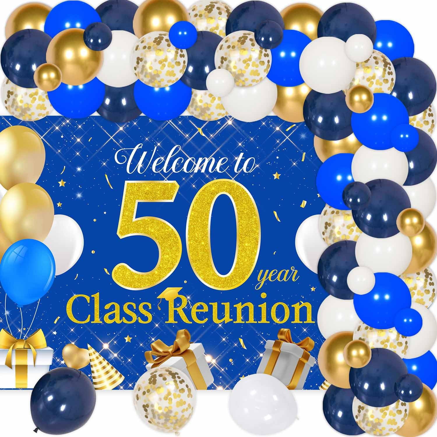 50th Year Class Reunion Party Decoration, Blue and Gold Balloon Arch ...