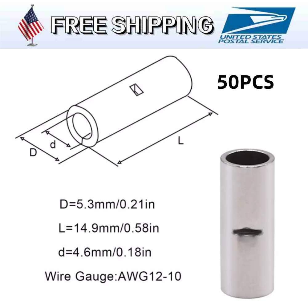 50x Bare Copper Wire Splice Butt Connectors Ferrule Crimp Terminals 12 ...