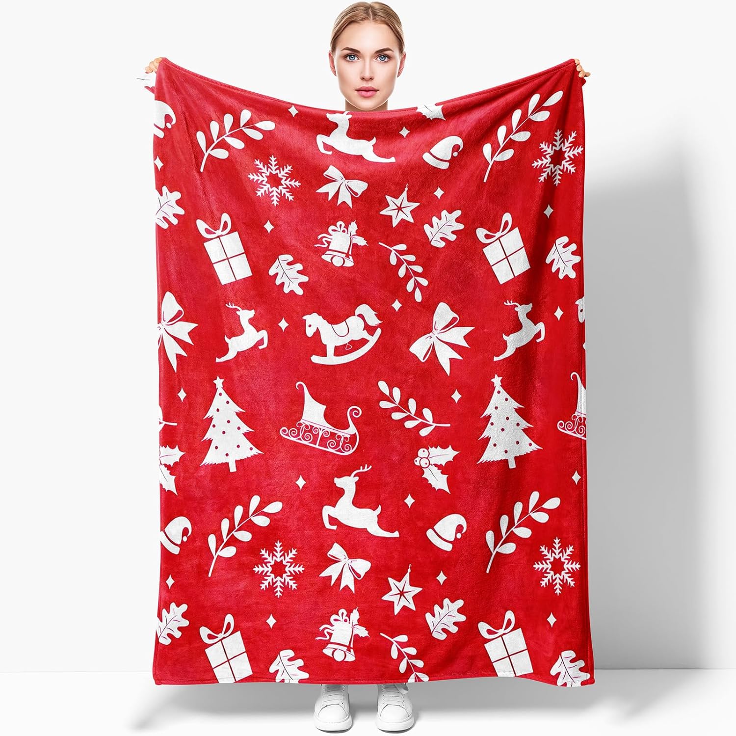 50x40 Christmas Flannel Blanket - Cozy Red Holiday with Reindeer ...