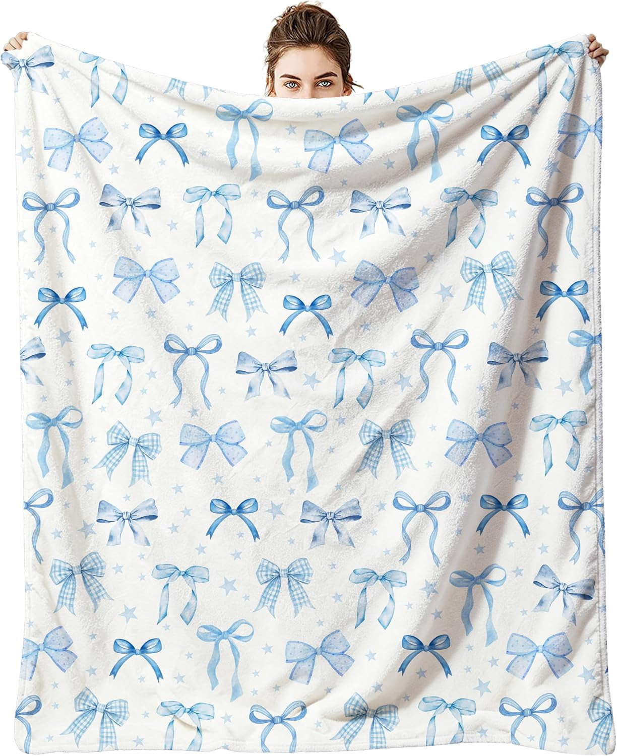 50x60 Inch Blue Bow Flannel Blanket, Lightweight Warm Throw Blanket for ...