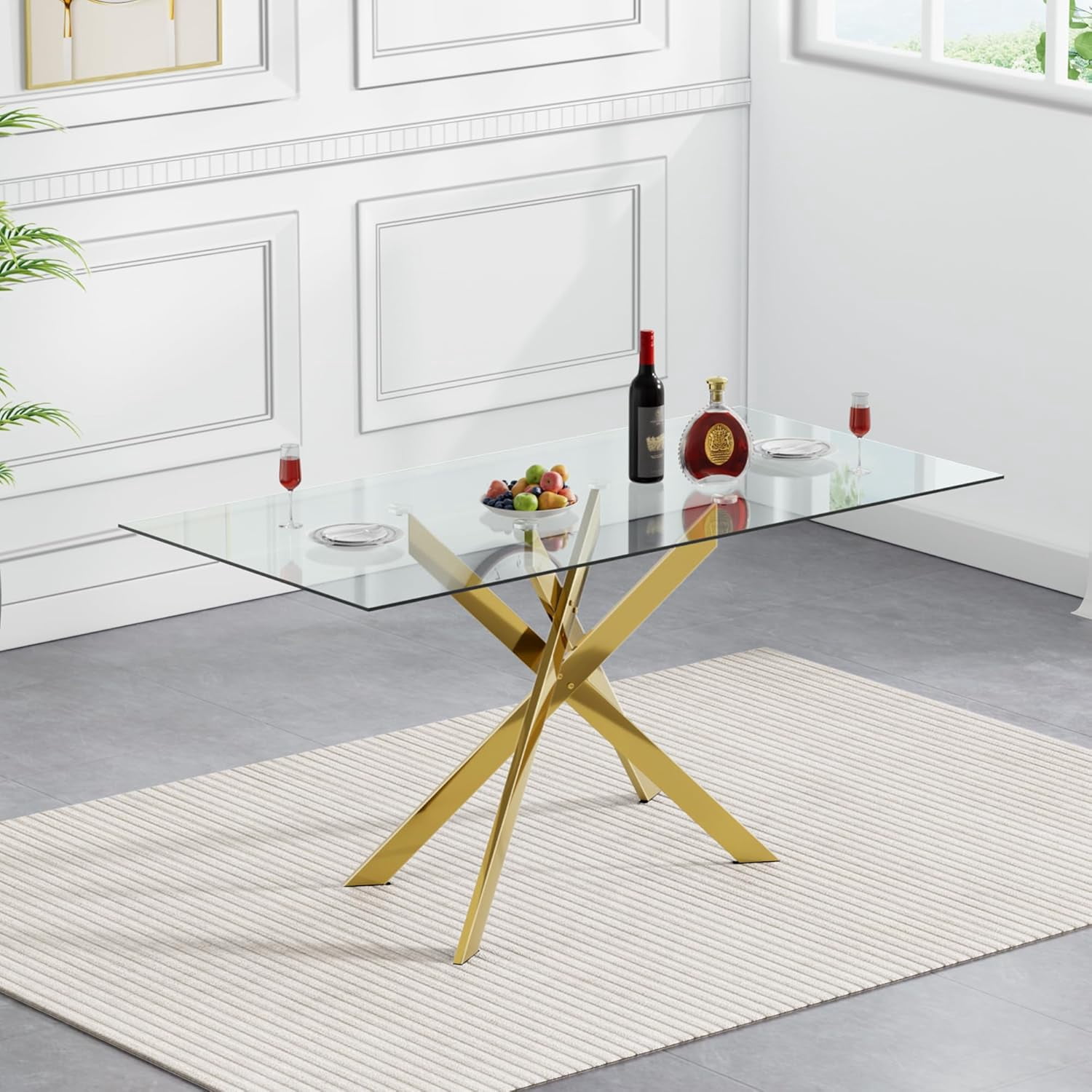 51.18" Gold Glass Dining Table for 4 6, Rectangular Kitchen Tabe with ...