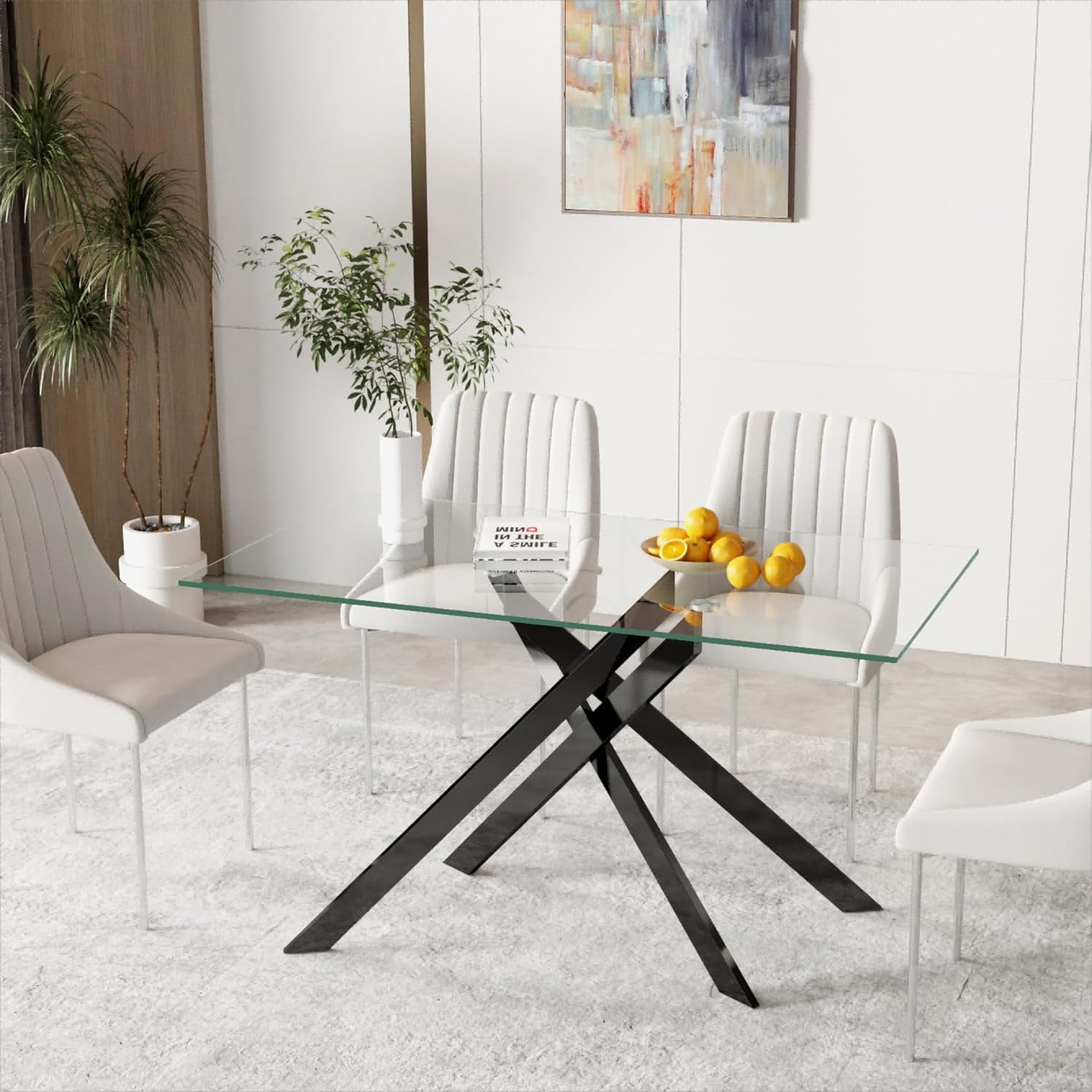 51.18" Rectangular Glass Dining Table, Tempered Glass Kitchen Tabe with Metal Legs, Stylish and ...