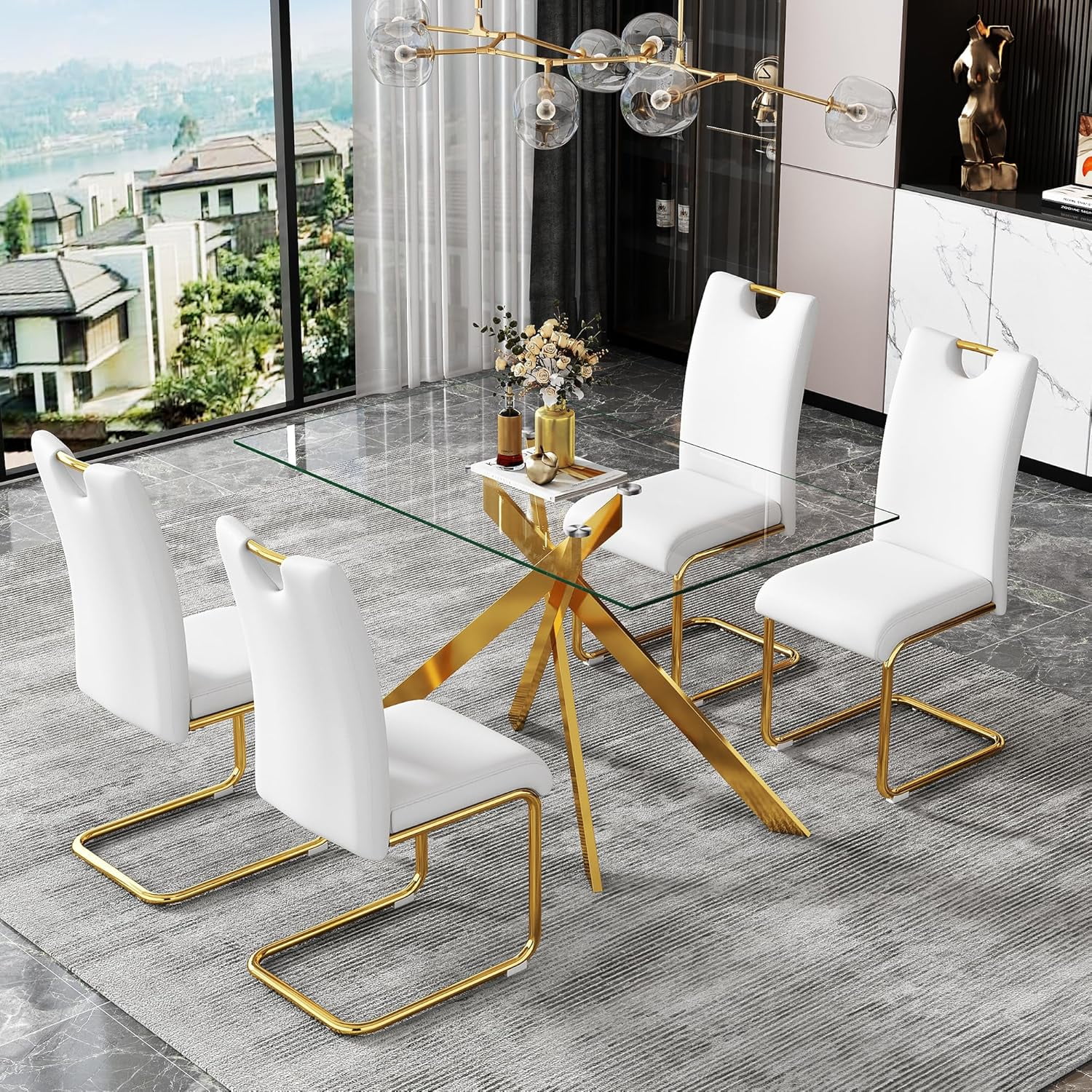 51.18" Rectangular Glass Dining Table, Tempered Glass Kitchen Tabe with ...