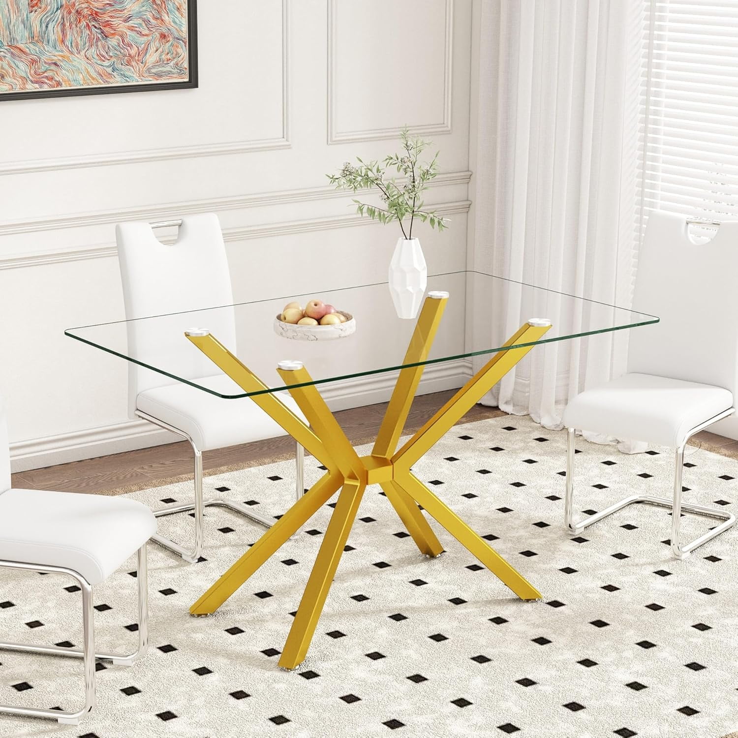 51.18" Rectangular Glass Dining Table, Tempered Glass Kitchen Tabe with ...