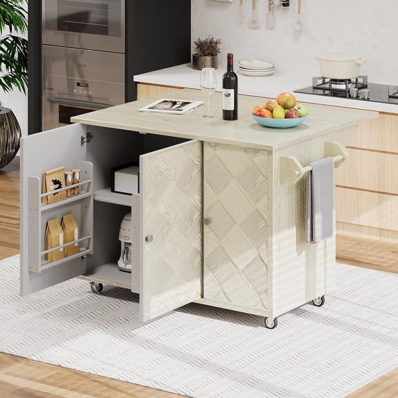 51.2" Ash Veneer Solid Wood Handwoven Kitchen Island with Drop Leaf ...