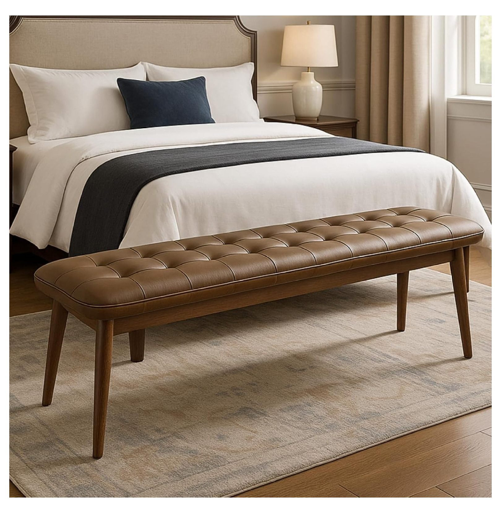 51.2'' Leather Ottoman Bench with Solid Oak Frame - Checkered Padded ...