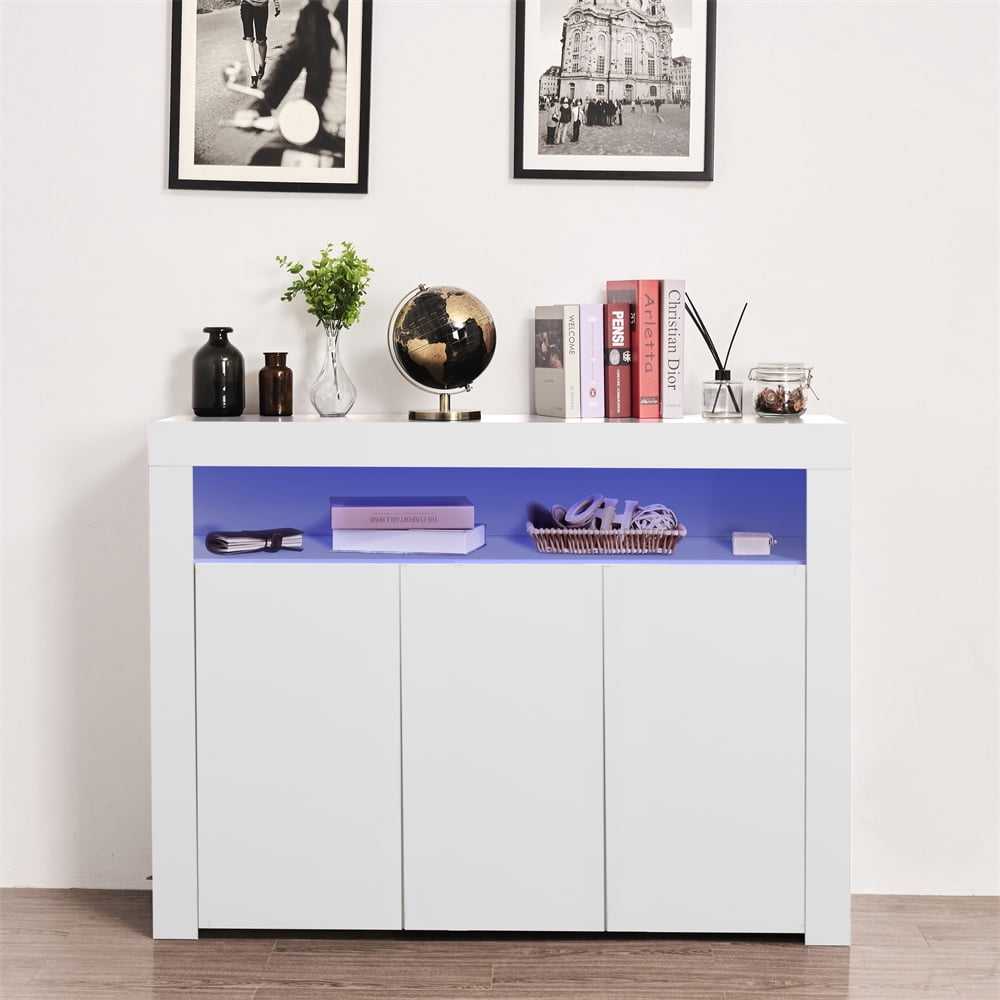 51.2" TV Stand with LED Lights, Modern High Gloss Storage Cabinet with ...