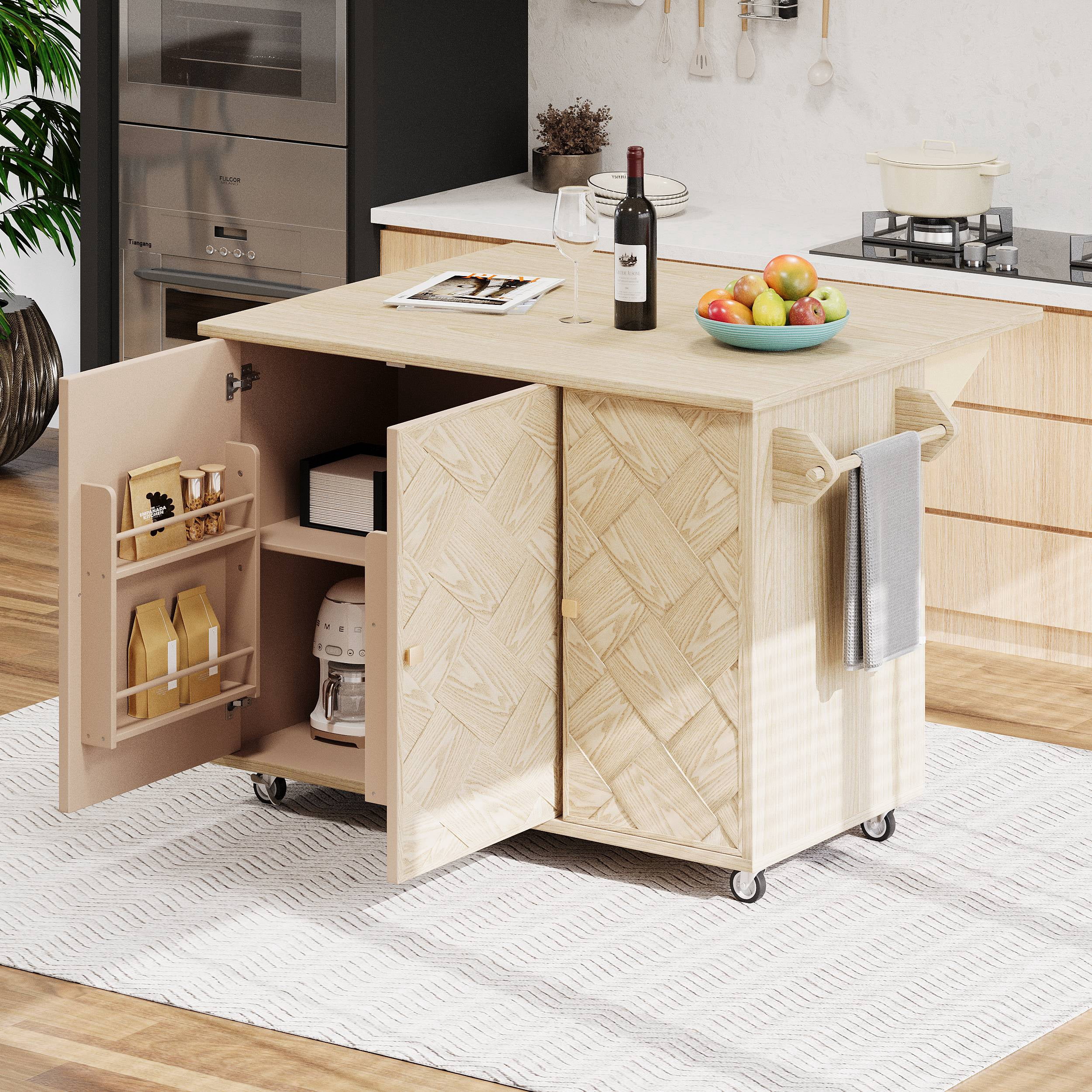 51.2"W Kitchen Island With Storage, Ash Veneer Solid Wood Handwoven ...