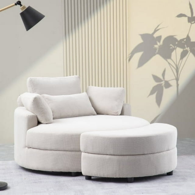 "51.2"" W Large Round Chair with Storage Ottoman, Linen Fabric, for ...