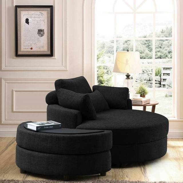 51.2" W Large Round Comfy Chair with Storage Ottoman, Oversized Linen ...