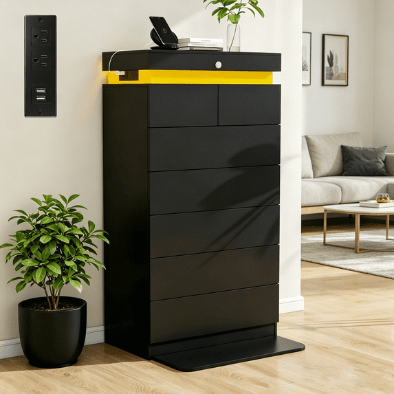 51.3" Tall Black Dresser with LED Lights and Charging Station, 7 Drawer ...