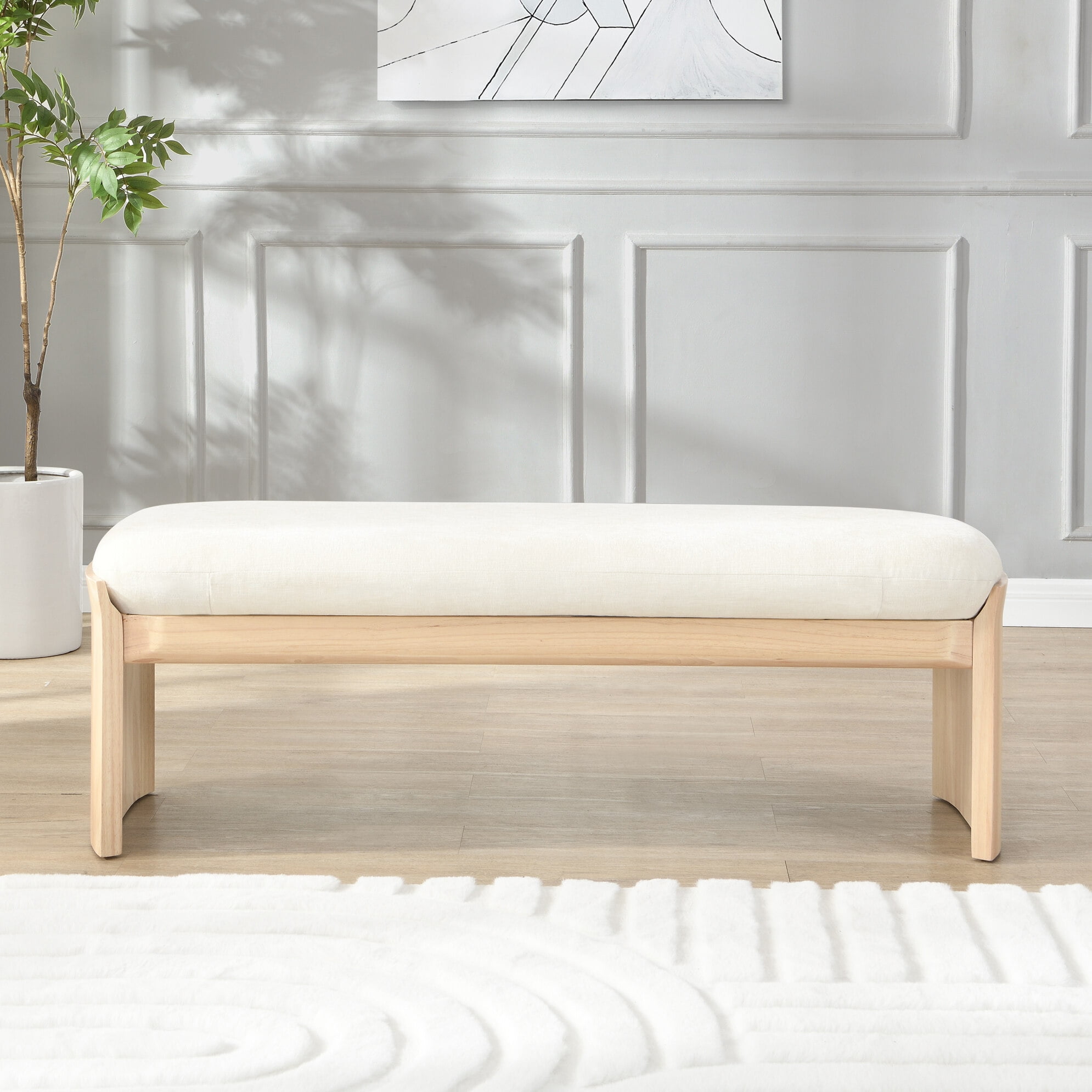 51.5 Inch Beige Rubber Wood Footstool for Bedroom and Living Room ...