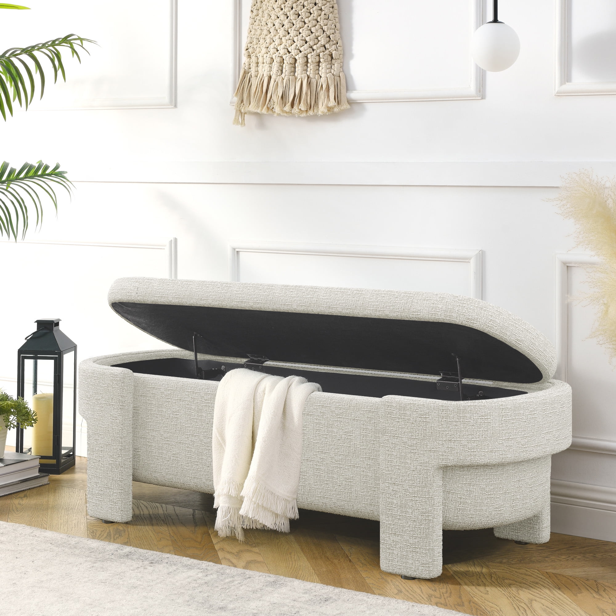 51.5" Linen Upholstered Storage Benches No-Assembly Entryway Ottoman ...