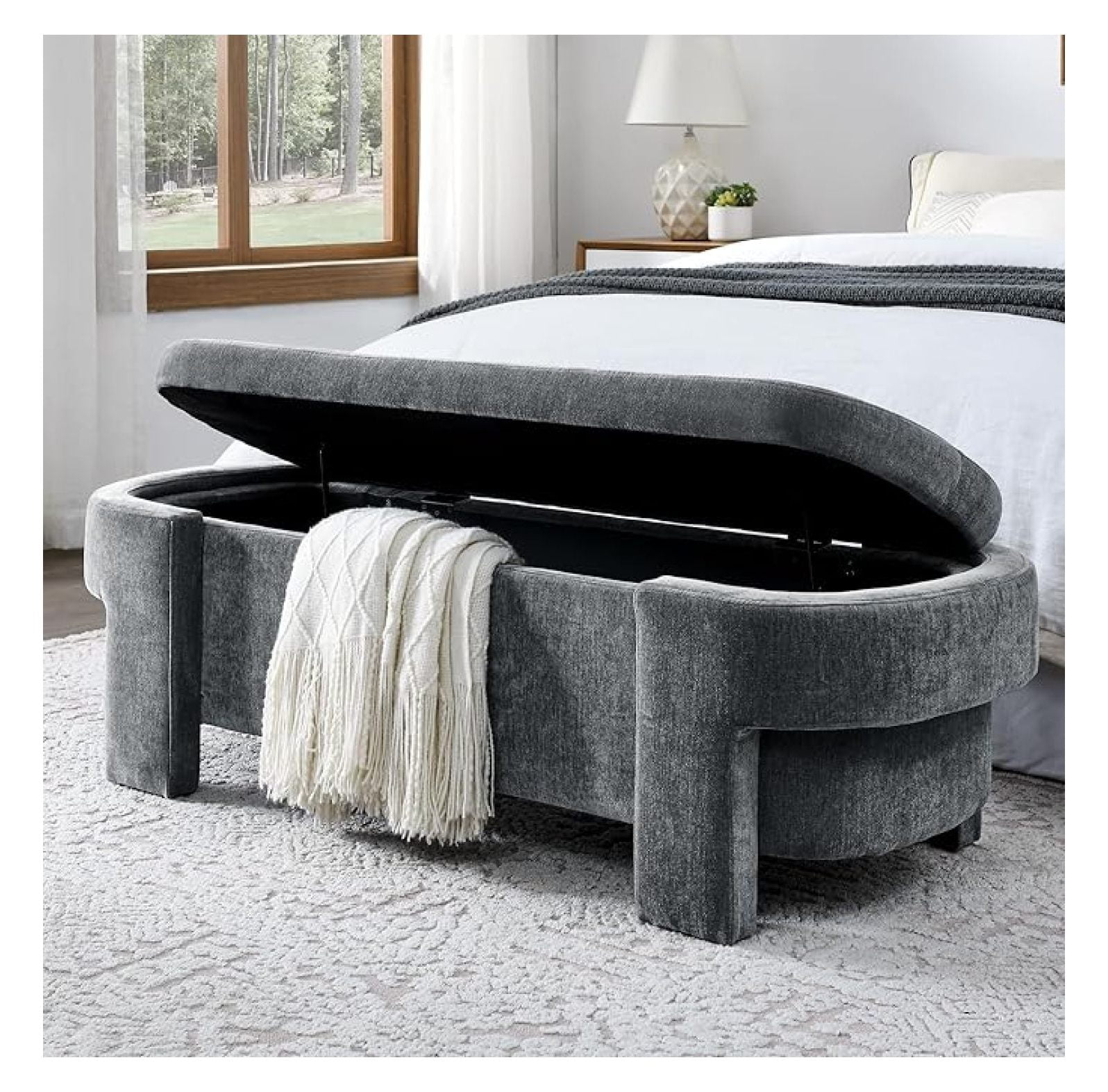 51.5" Oval Storage End of Bed Storage Ottoman Benches Linen Fabric ...