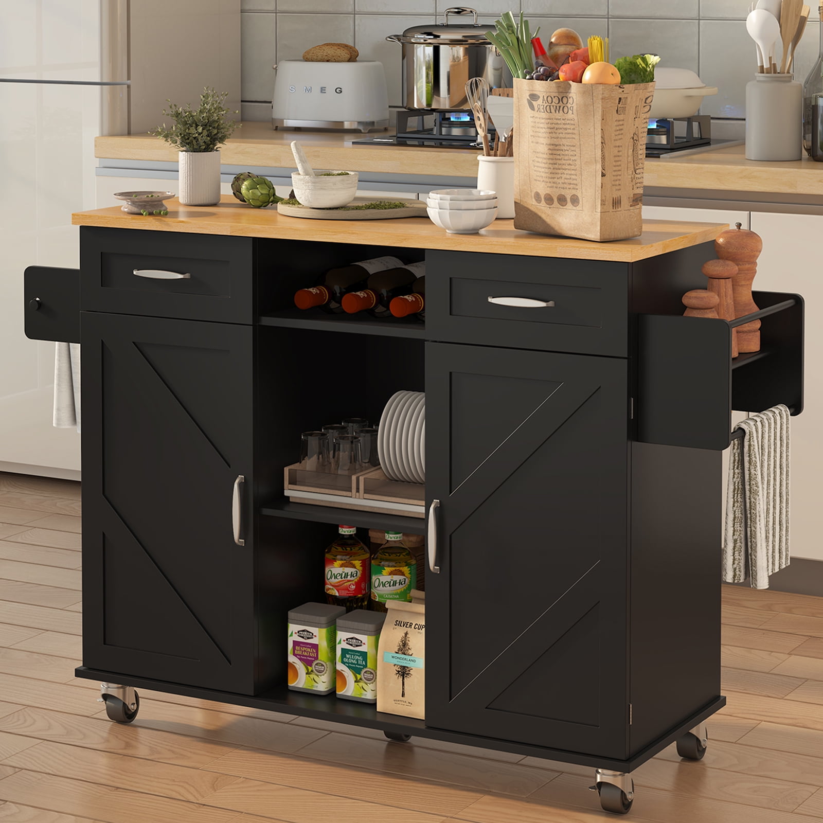 51.5'' Rolling Kitchen Island with Storage Cabinet & Drawers, Drop Leaf ...