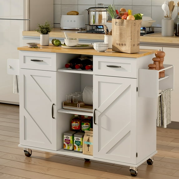 51.5'' Rolling Kitchen Island with Storage Cabinet & Drawers, Drop Leaf ...