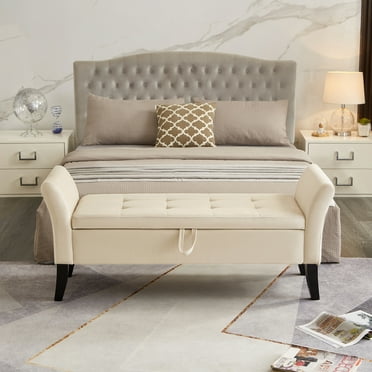 "59"" Beige Upholstered Storage Bench with 2 Throw Pillows for Bedroom ...