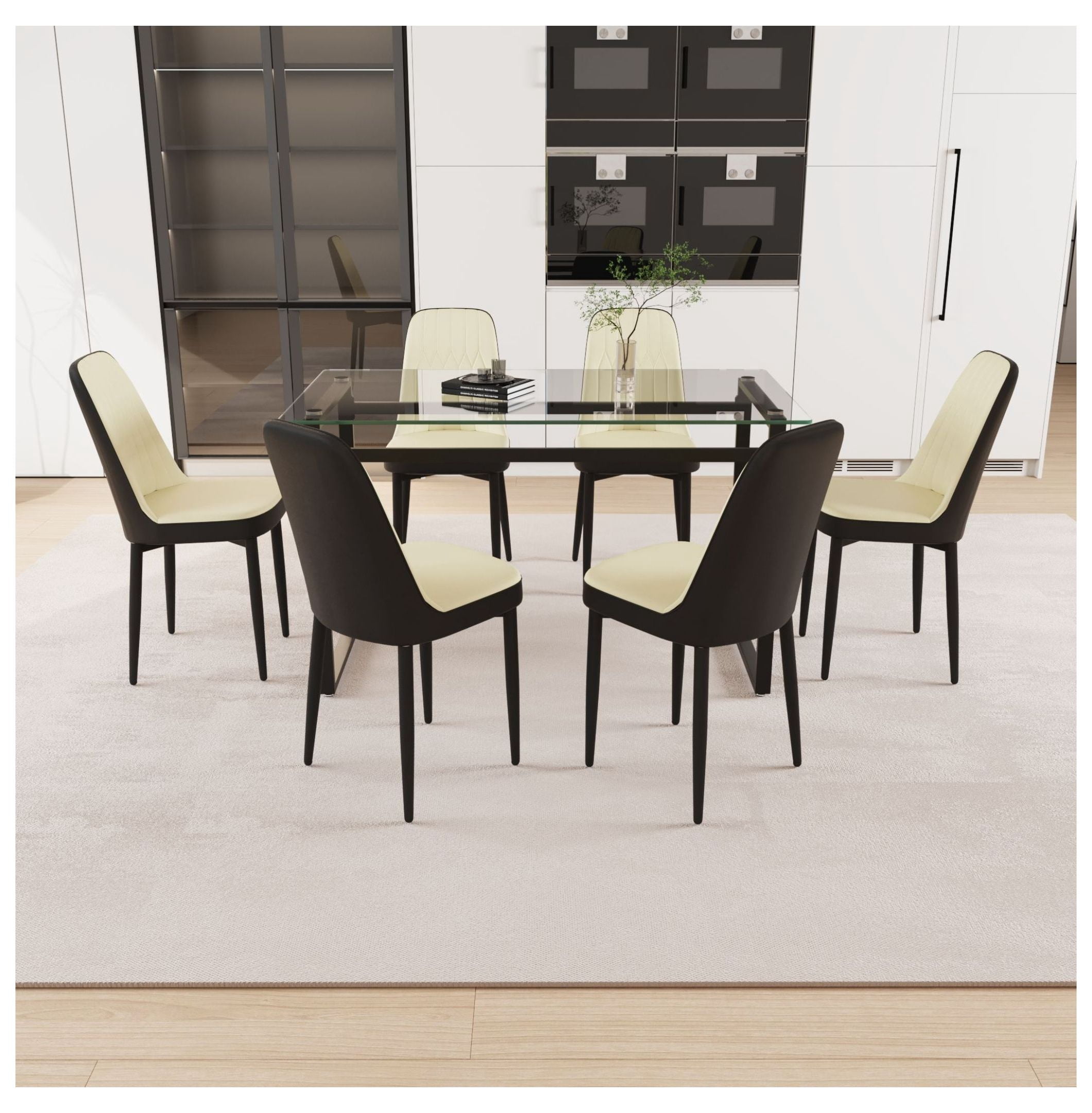 51" 6 person glass dining table set, kitchen set with black metal leg ...