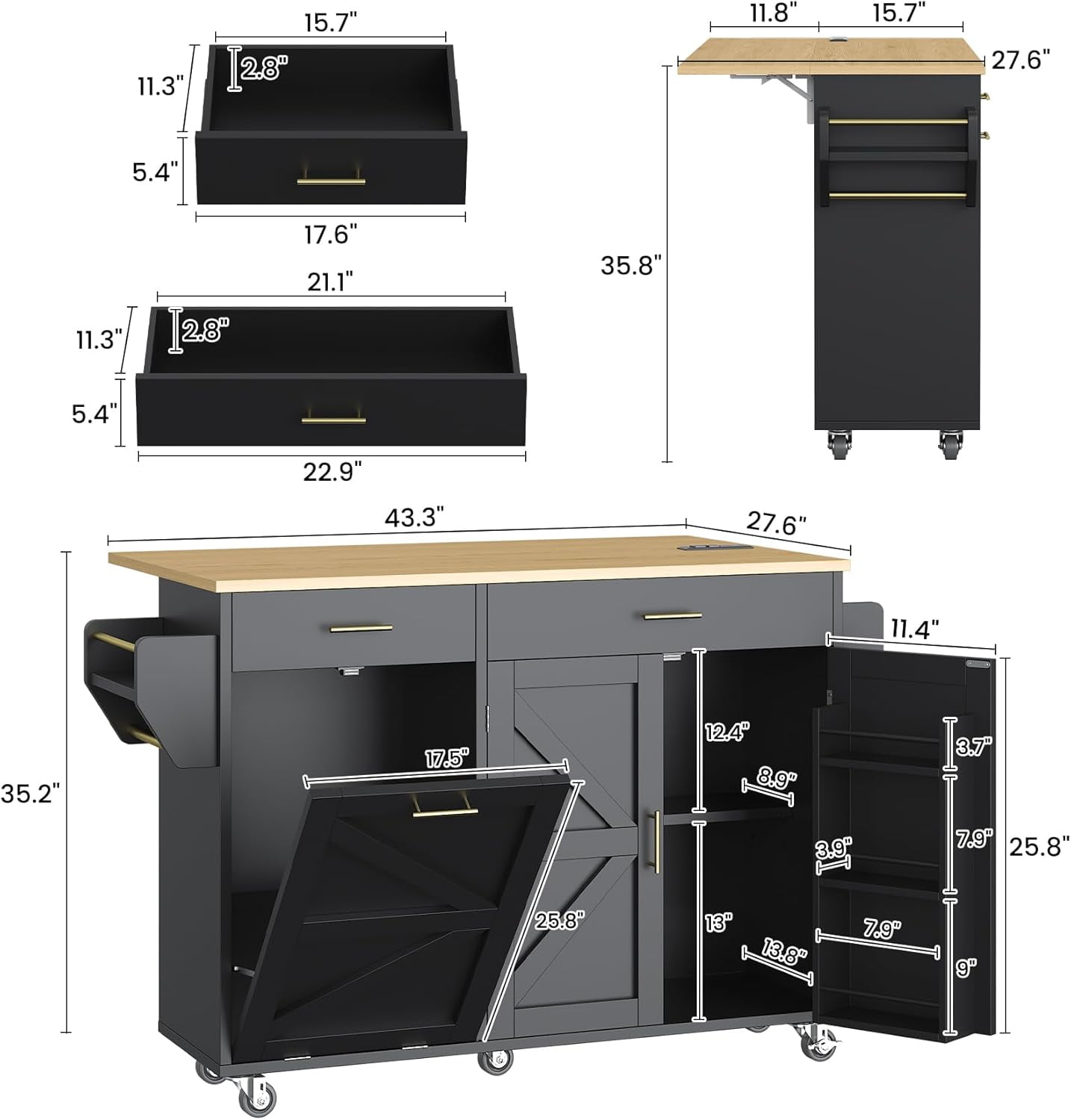 51.8 Inch Kitchen Island Cart with Trash Can Storage and Power Outlet ...
