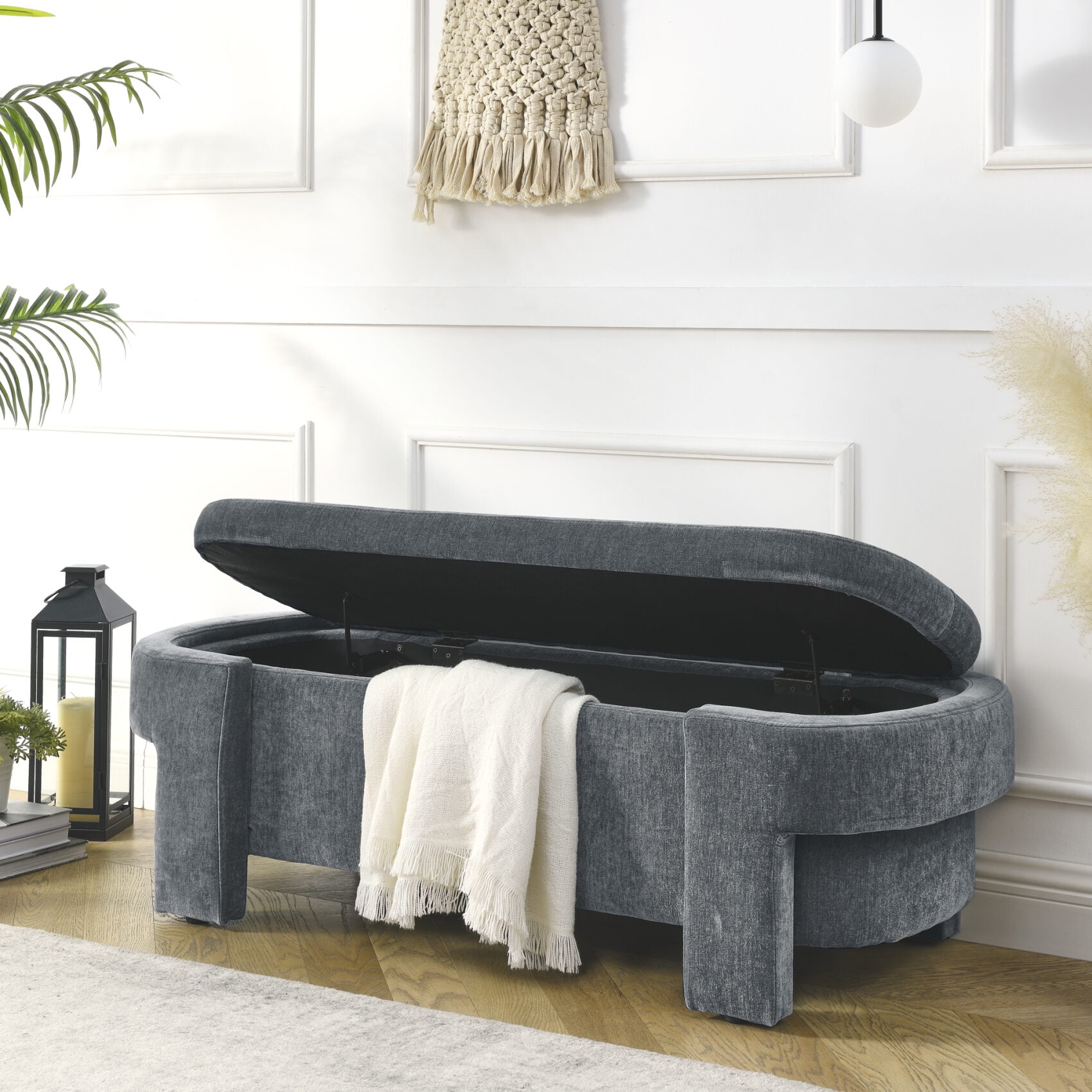 51" Accent Storage Bench, Modern Linen Fabric Upholstered Ottoman with ...