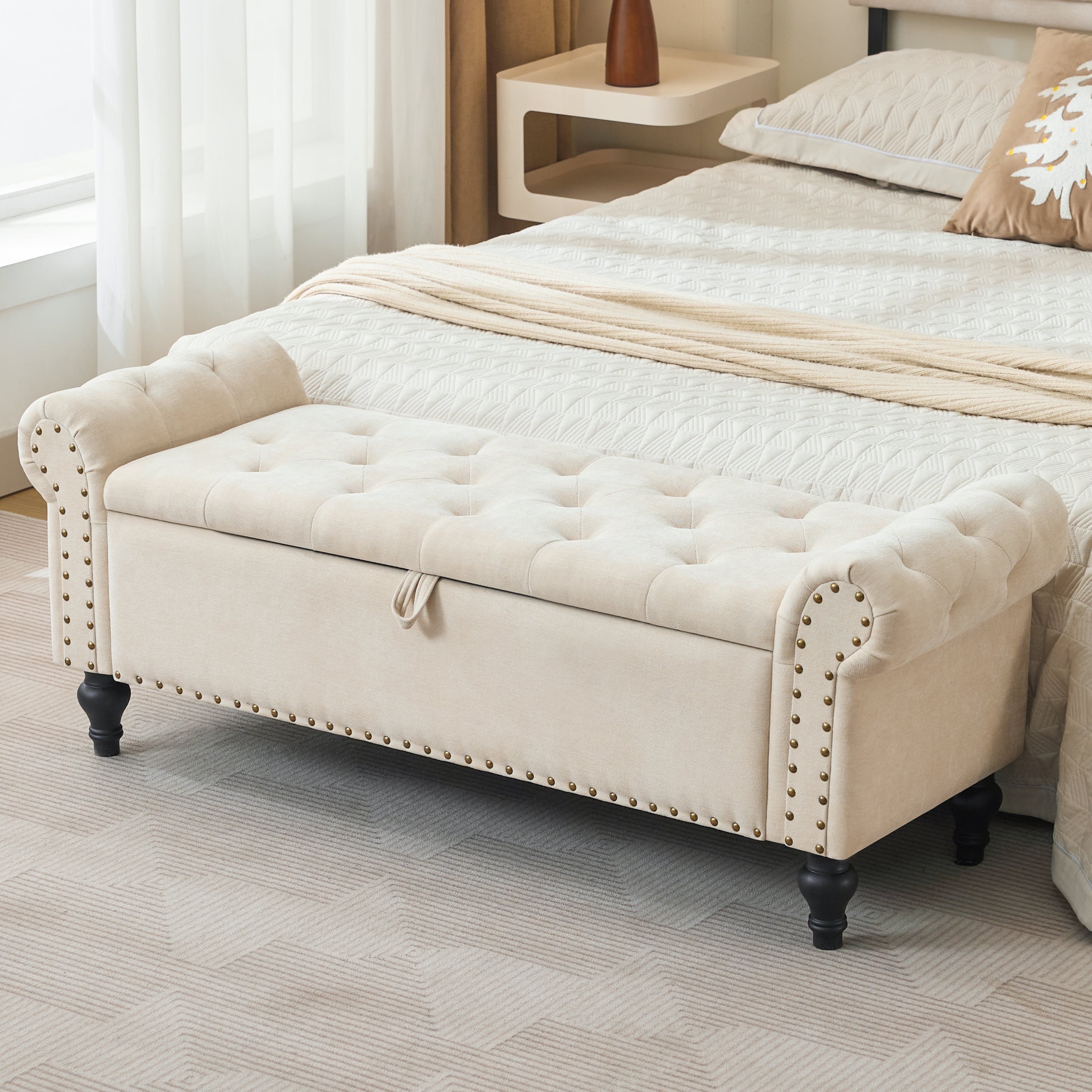 Weture 51-Inch Chenille Upholstered Bench with Storage and Nailhead ...