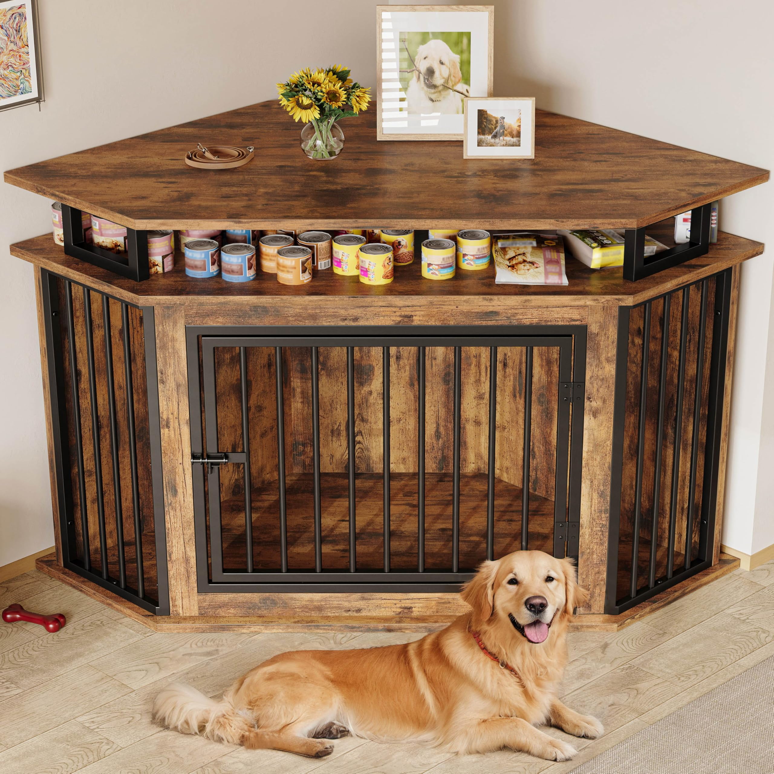 51" Corner Pet Kennel Furniture for Large Dogs, Wooden Dog Crate with 2 ...