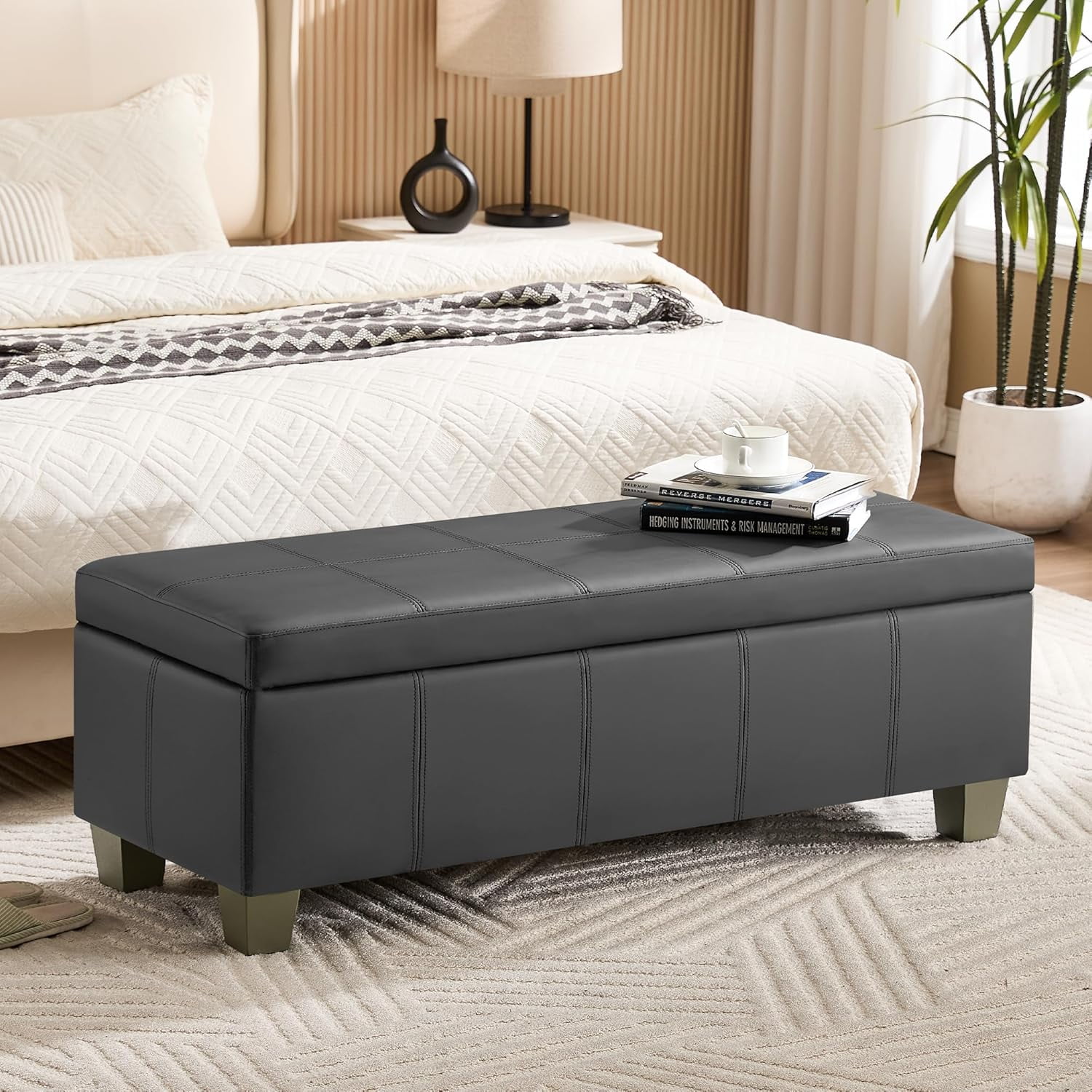 51" Faux Leather Storage Ottoman, Stitch Tufted Rectangle Upholstered ...