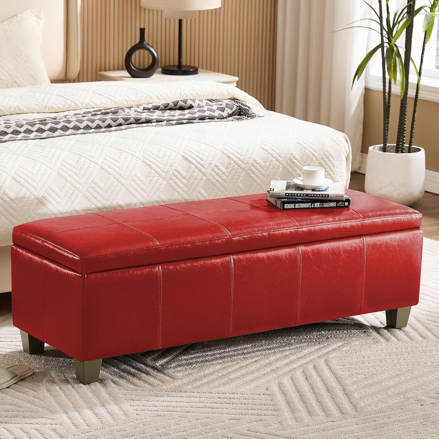 51" Faux Leather Storage Ottoman, Stitch Tufted Rectangle Upholstered ...