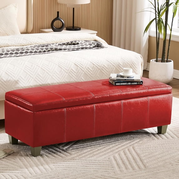 51" Faux Leather Storage Ottoman, Stitch Tufted Rectangle Upholstered ...